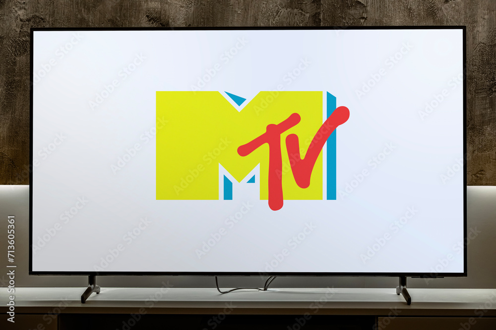 Flat-screen TV set displaying logo of MTV Stock Photo | Adobe Stock