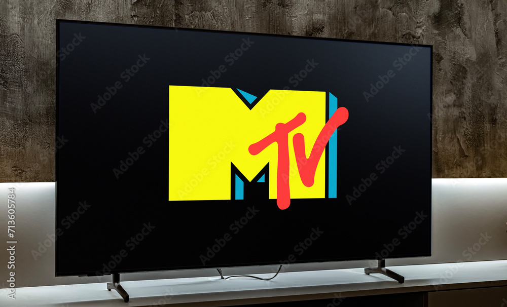 Flat-screen TV set displaying logo of MTV Stock Photo | Adobe Stock
