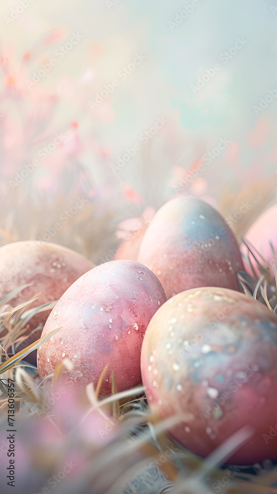 matte pastel pink Easter eggs nestled in a delicate nest of feathers ...