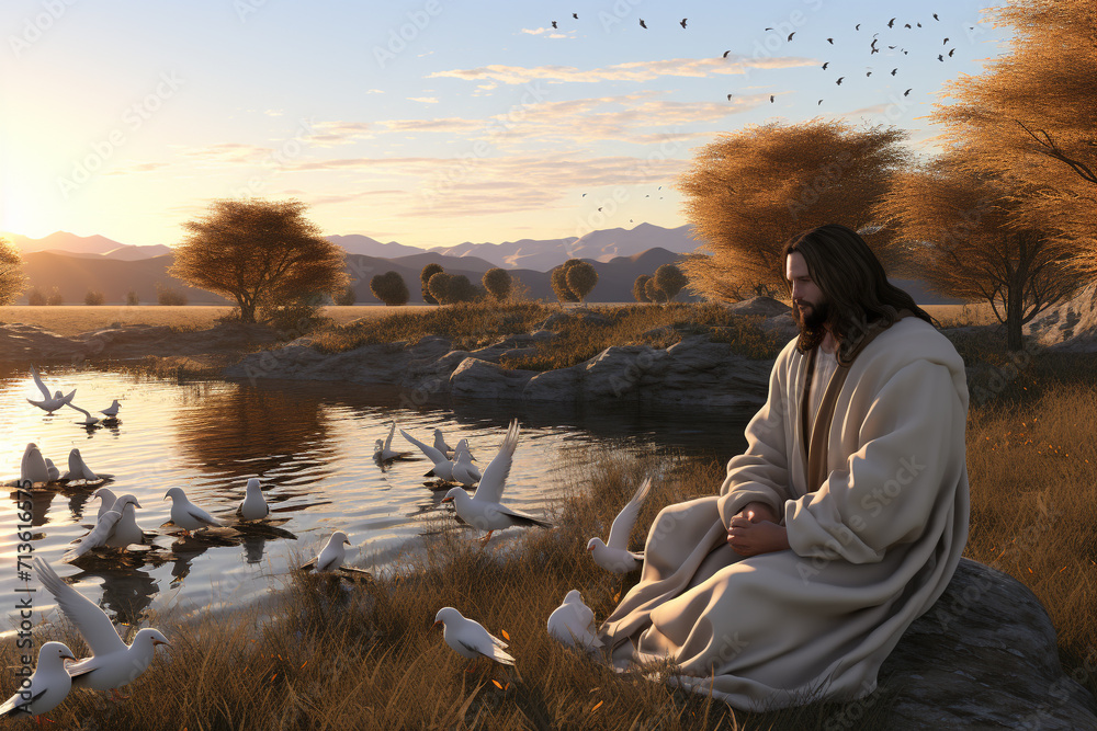 Jesus Christ in paradise, angels, doves, pigeons, Messiah, Savior and ...