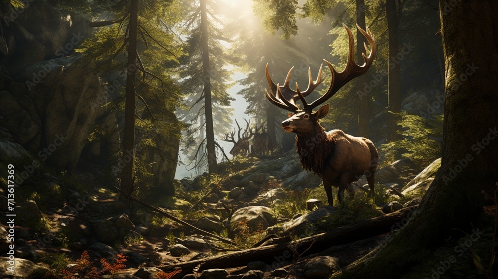 Majestic Elk with Impressive Antlers Roaming Through Lush Forest Canopy ...