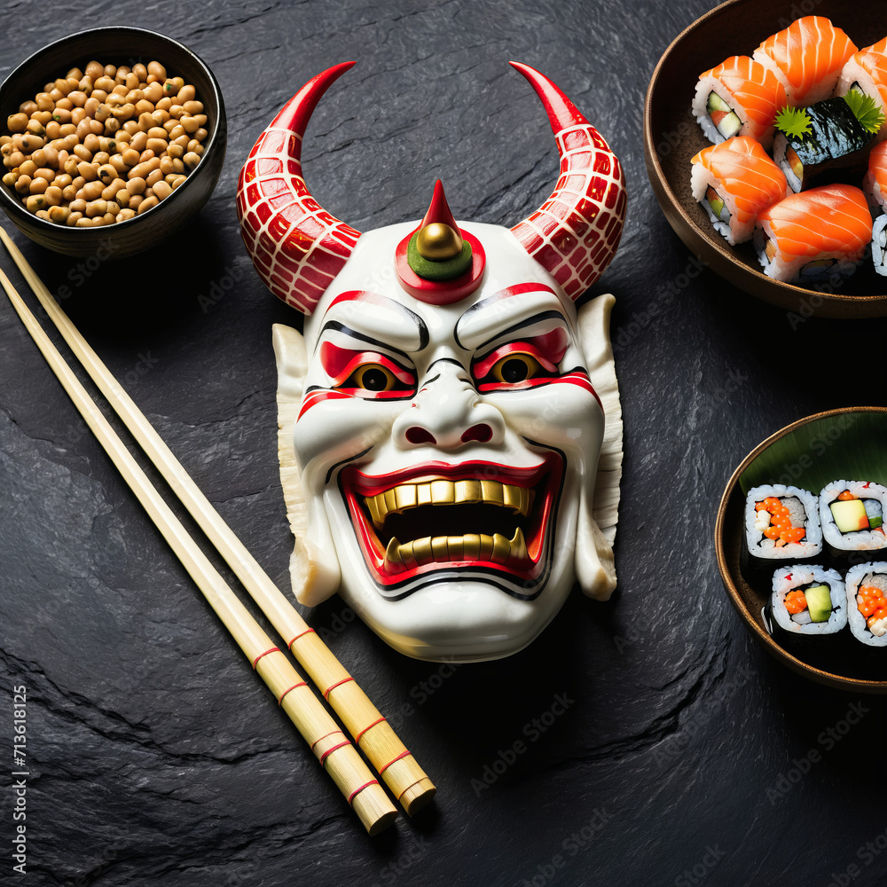 Setsubun celebration, an Oni Demon mask laying on a black stone table ...