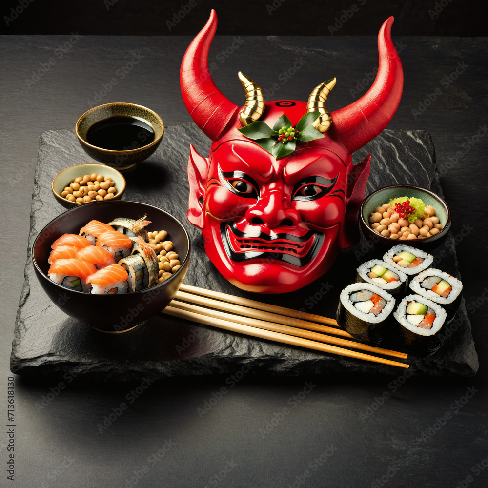 Setsubun celebration, an Oni Demon mask laying on a black stone table ...