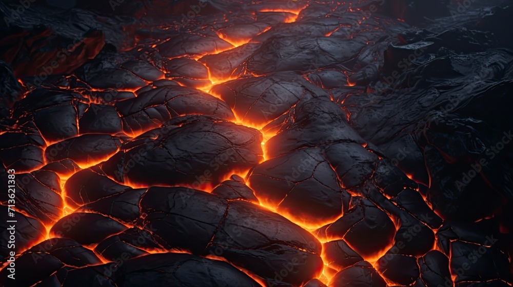 Dry black lava, there is liquid lava flowing between the many cracks ...