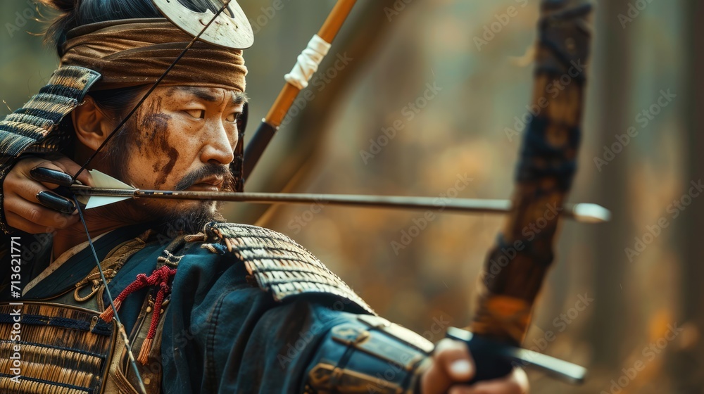 Archery Mastery: A Samurai Archer, Adorned in Traditional Armor, Points ...
