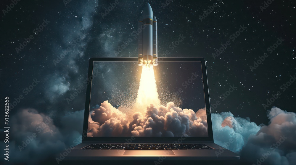 Space rocket shuttle with a cloud of smoke and blast lift off from a ...