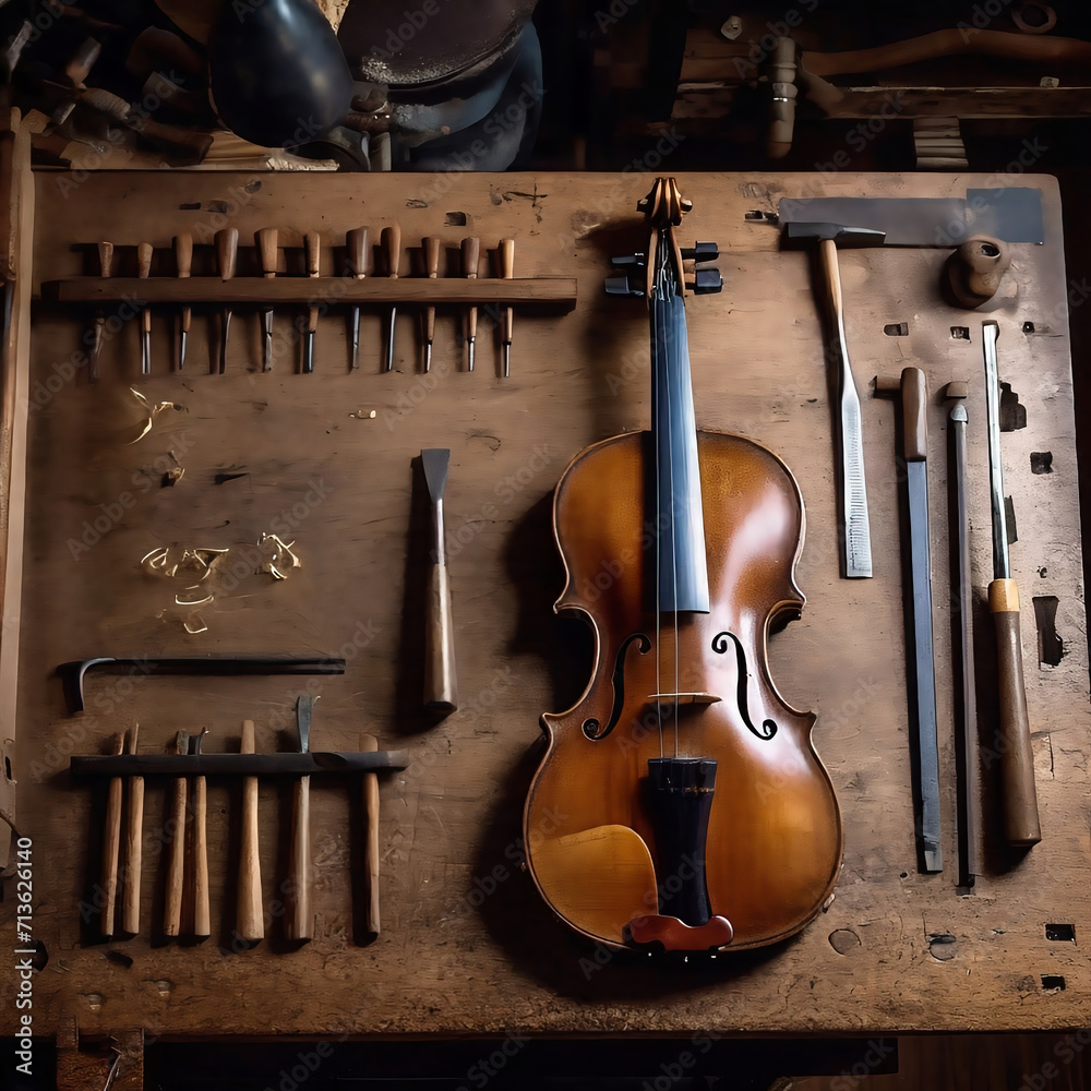 Table of tools for traditional making Violin model. Workbench with ...
