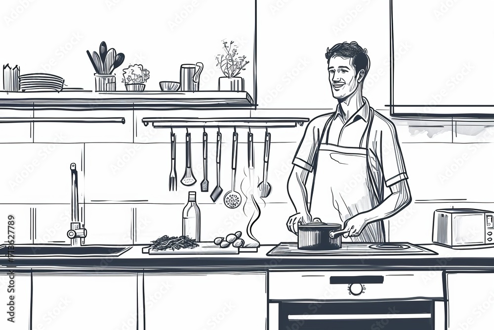 A skilled artist meticulously creates a detailed illustration of a man ...