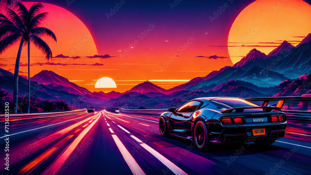 synthwave sunset scenery, a supercar driving down the road on an orange ...