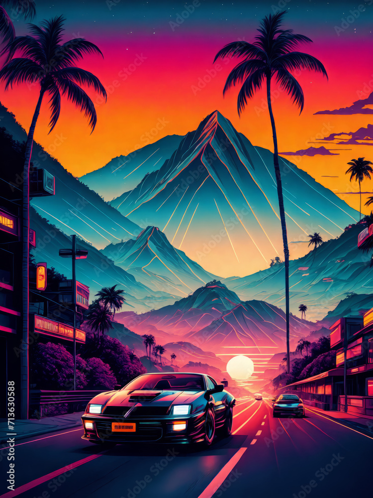 synthwave sunset scenery, a supercar driving down the road on an orange ...