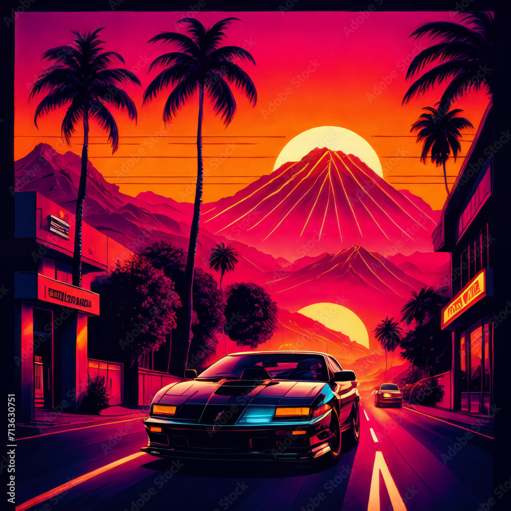 synthwave sunset scenery, a supercar driving down the road on an orange ...