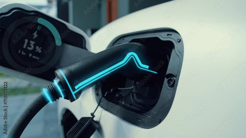 Electric car recharging in futuristic home charging station with smart ...