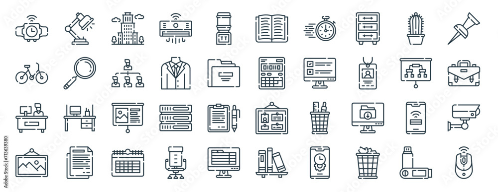 linear pack of office line icons. linear vector icons set such as lamp, open book, calculator ...
