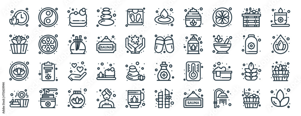 linear pack of sauna line icons. linear vector icons set such as ying yang, drop, sandal, lotus ...