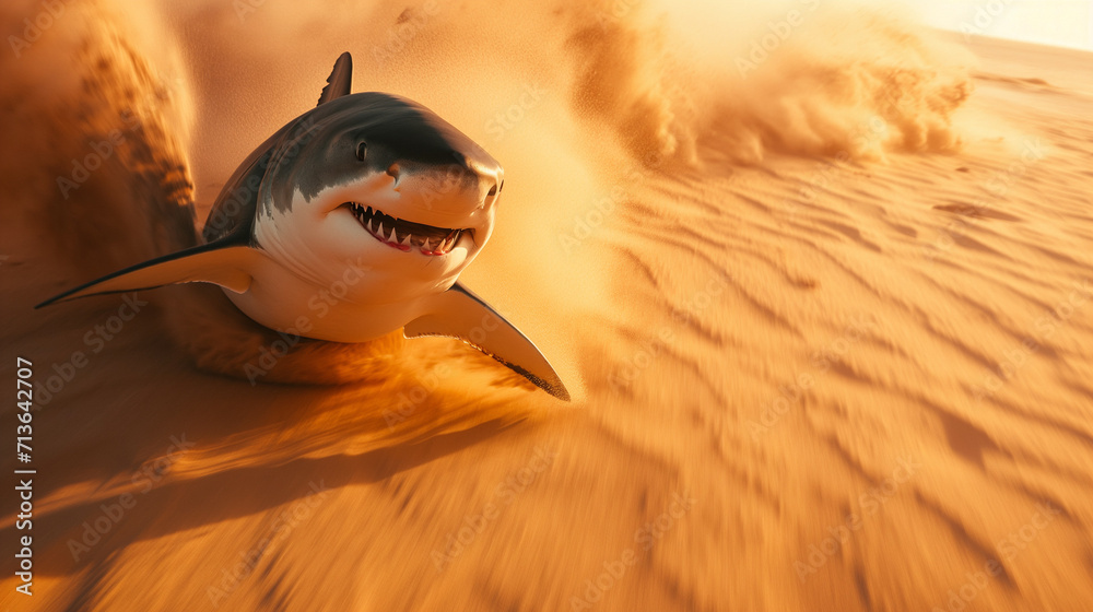 surreal, sharking swimming diving in desert without water, shark in ...