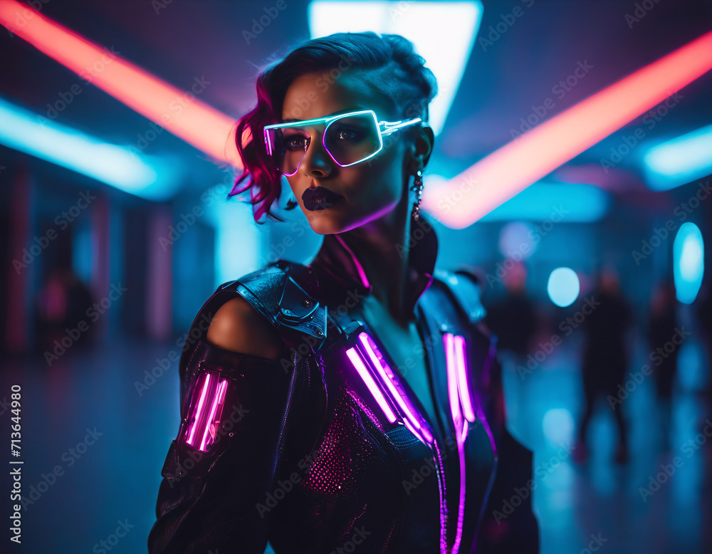 A young woman in a futuristic cyberpunk style outfit poses for the ...