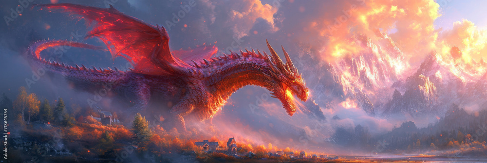 Dragon breathing fire while flying over a village. Mythology creature ...