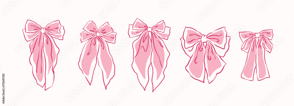 Hand drawn pink bow of coquette soft style. Cute pink bow vector Stock ...