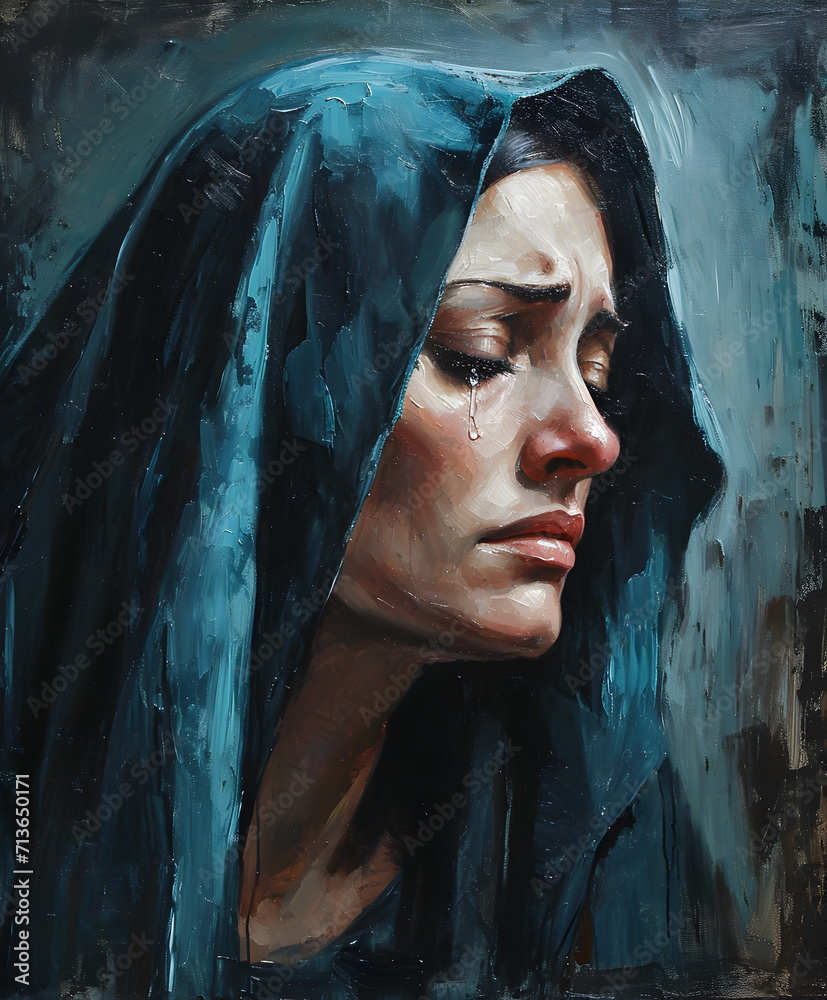 Catholic icon of Virgin Mary with tears. Crying of St. Mary. Stock ...