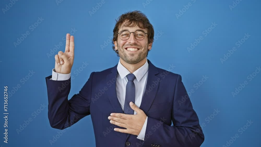 Vidéo Stock Smiling young man in business suit, he swears a solemn ...