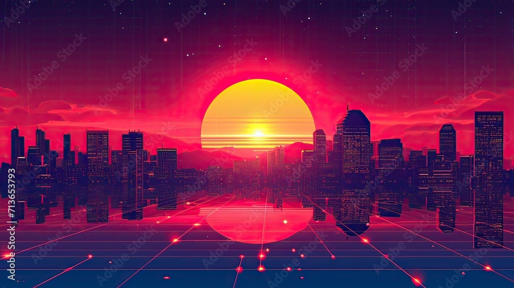 city skyline and globe Retro 80s city Background Vector silhouette ...