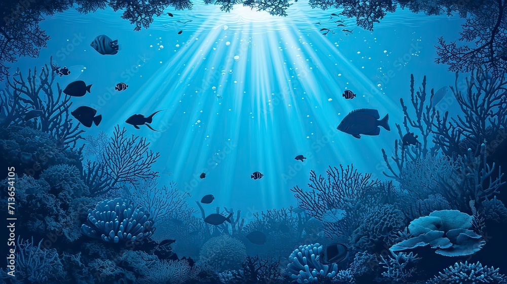 coral reef and diver Silhouette of underwater background vector with ...