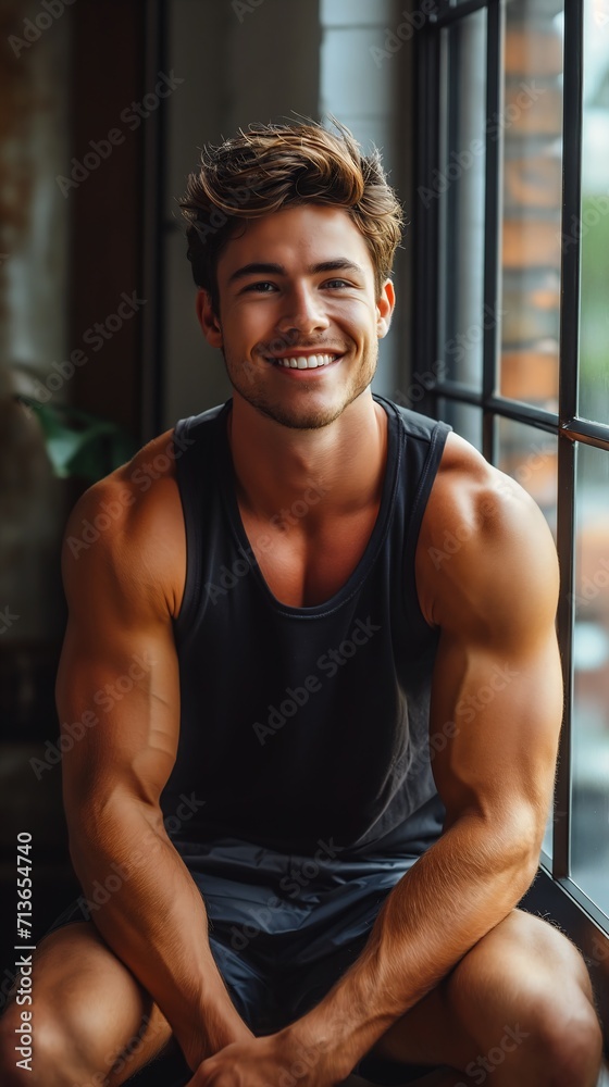 man sitting windowsill smiling looking professional fitness model full ...