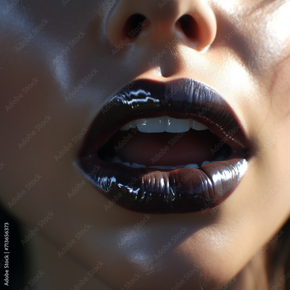 super close up of puffy and pouty glossy red lips, lip gloss, 8k high ...
