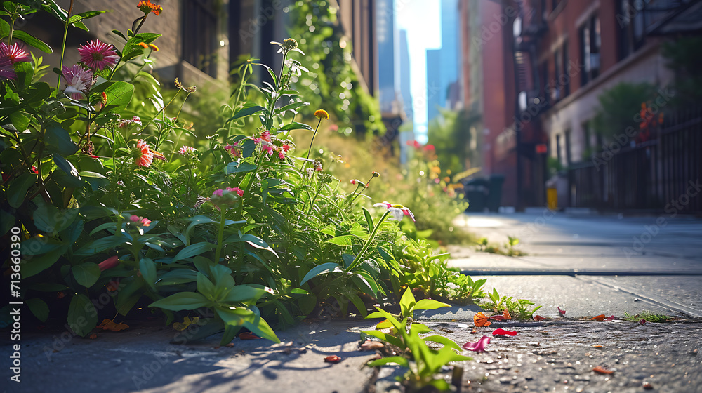 Plantas verdes e flores coloridas emanãm dos rachaduras no cimento da ...