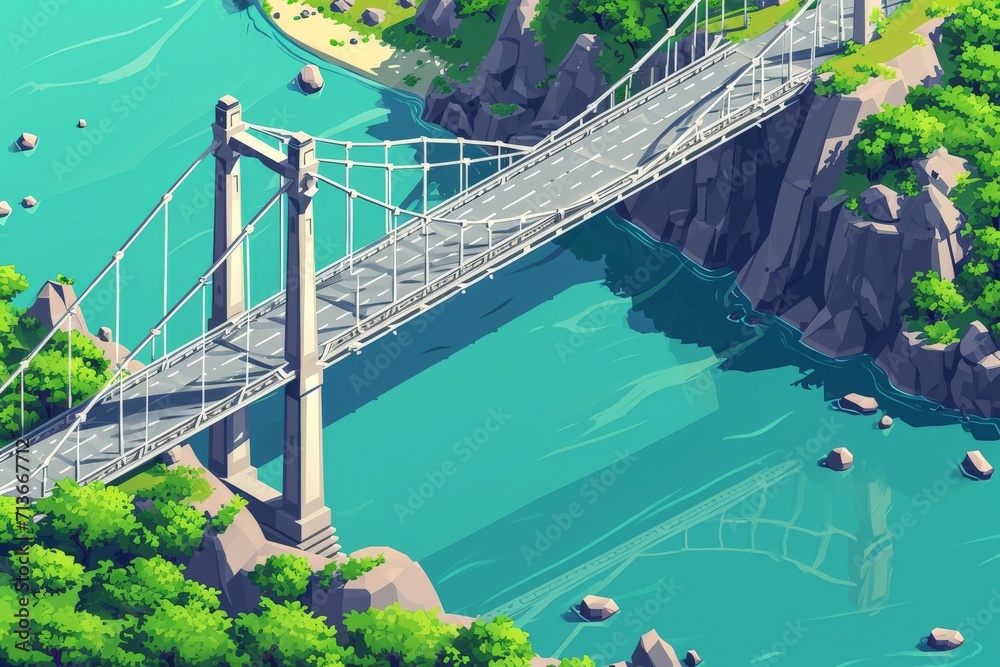 2D Isometric Cartoon Illustration of a Grey Suspension Bridge over a ...