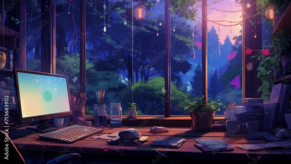 Lofi empty interior. Messy desk, window view of a forest, jungle. Anime ...