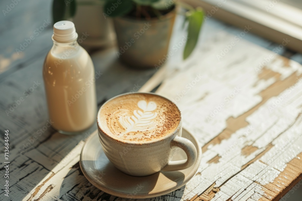 Foto de Close-up shot of a well-presented oat milk latte in a stylish ...