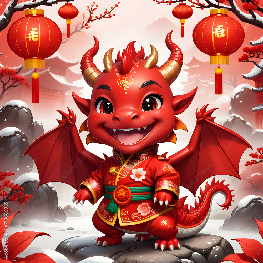 Cute chibi-style red dragon, comic art, illustration, smiling, wearing ...