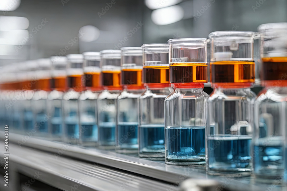 Pharmaceutical production in action. Medical vials on the assembly line ...