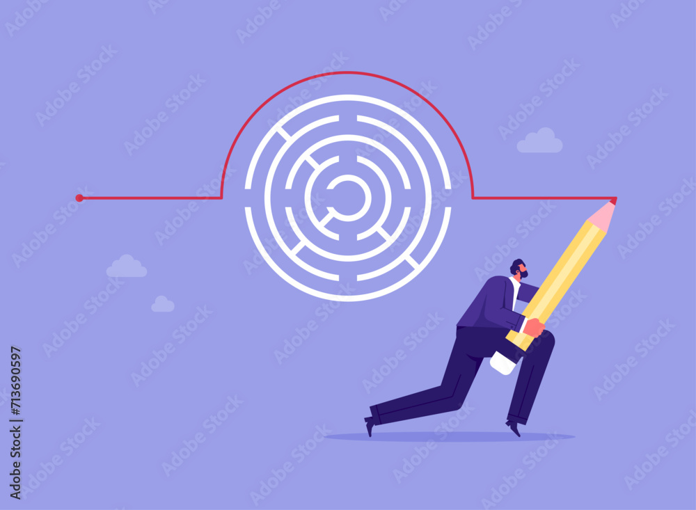 Vetor de Workaround or solution to bypass problem or difficulty concept, businessman draw ...