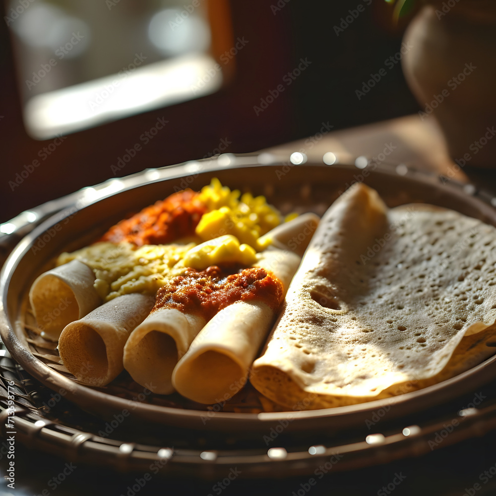 Prompt Kategna, injera with berbere and butter, snack style, on a plate ...