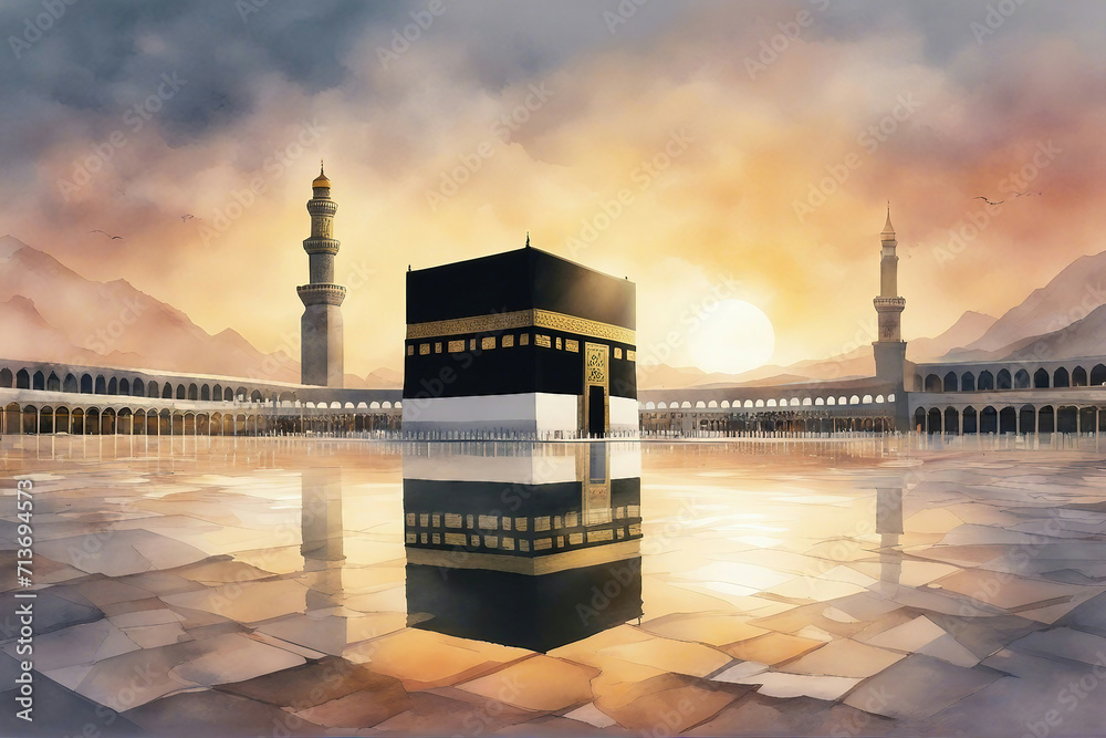 watercolor landscape view of holy kaaba with sunrise Stock Illustration ...