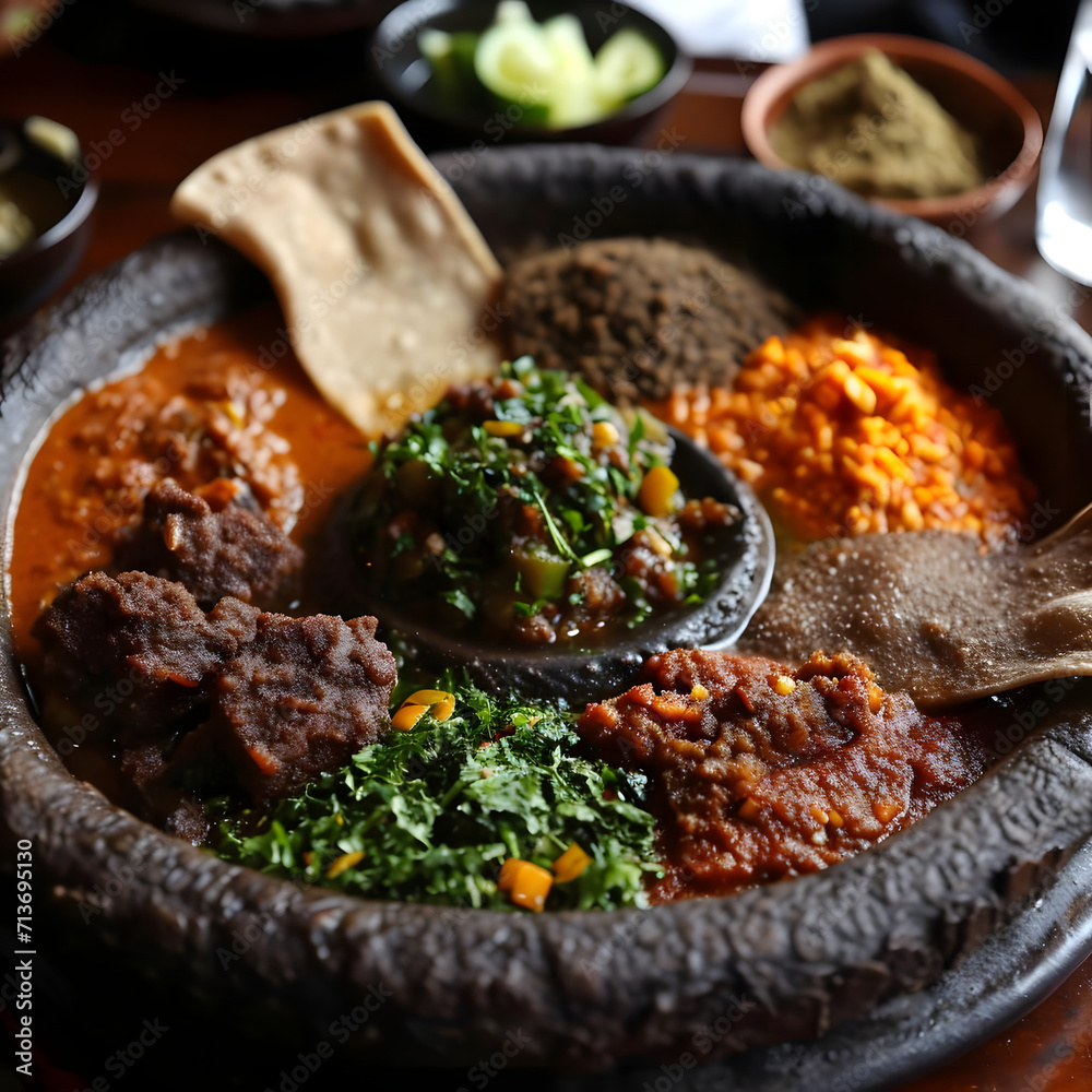 Prompt Fitfit, injera mixed with stews, traditional and filling, in a ...