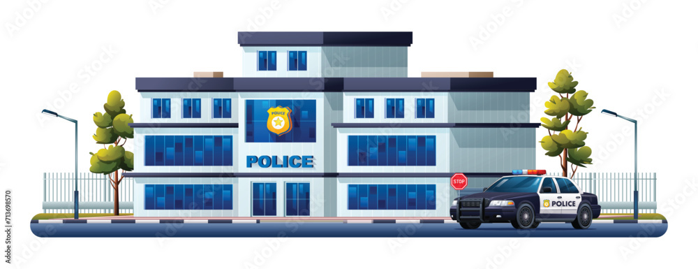 Police station building with patrol car. Police department office ...