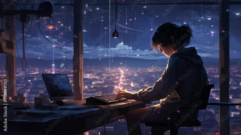 Lofi Anime Girl is programming at a computer, cozy, dramatic lighting ...