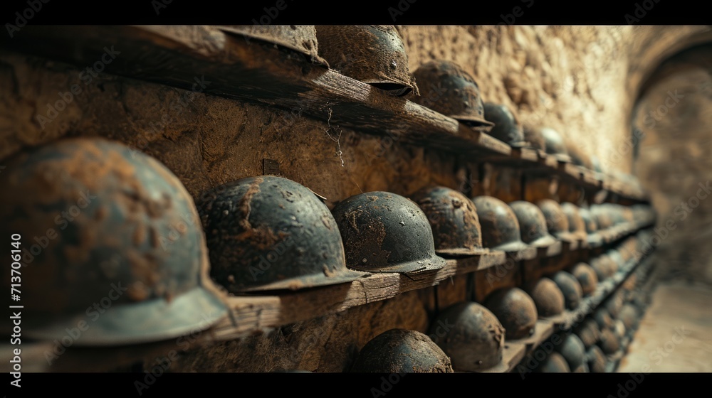 Row of antique medieval helmets displayed on a stone shelf, a relic of ...