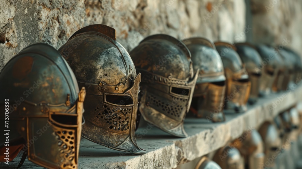 Row of antique medieval helmets displayed on a stone shelf, a relic of ...