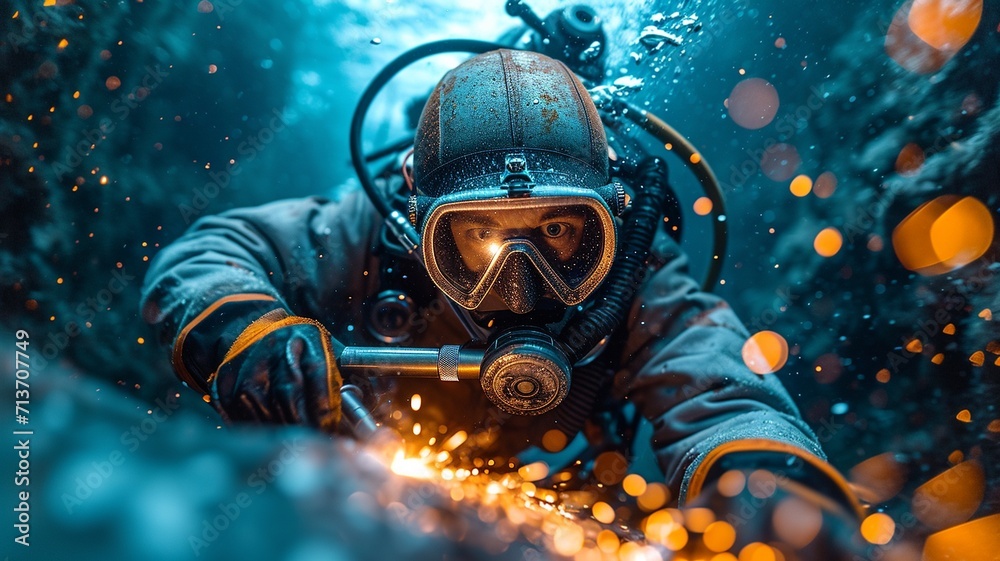 an underwater diver worker wearing a Military watch and welding a tube ...