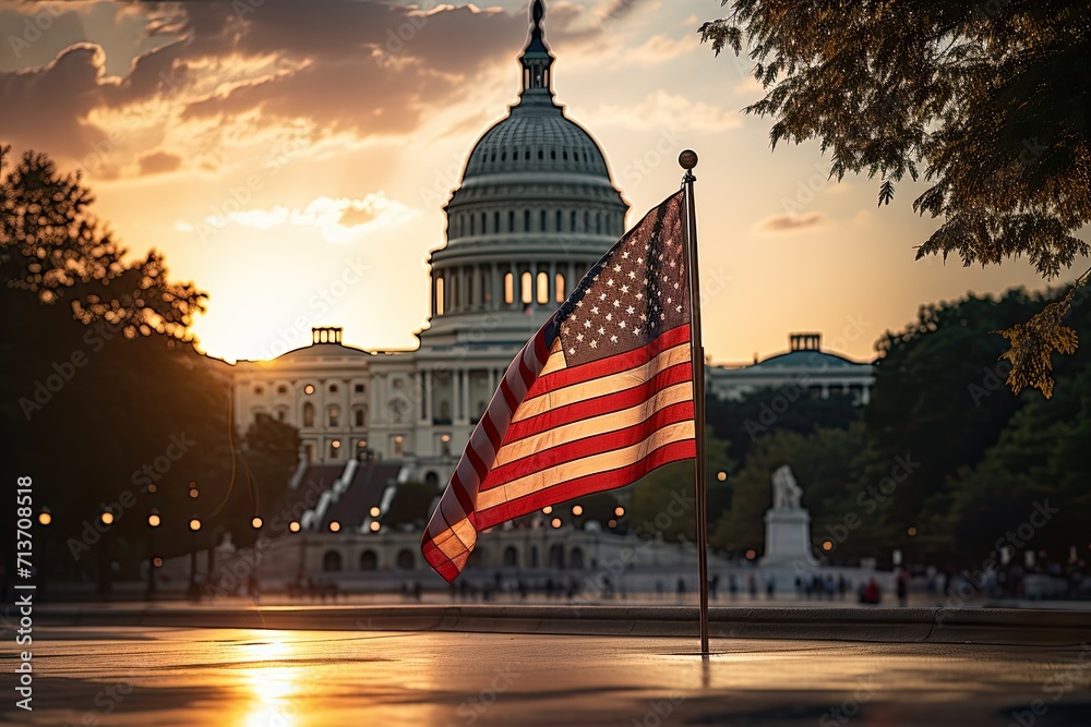 American flag against the background of the White House in Washington ...