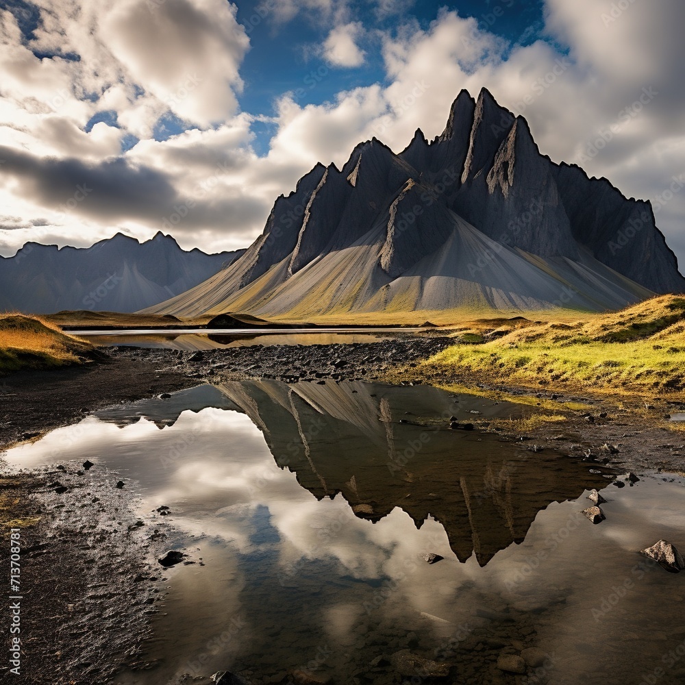 Vestrahorn towers above a lagoon and black sand beach in southeast ...