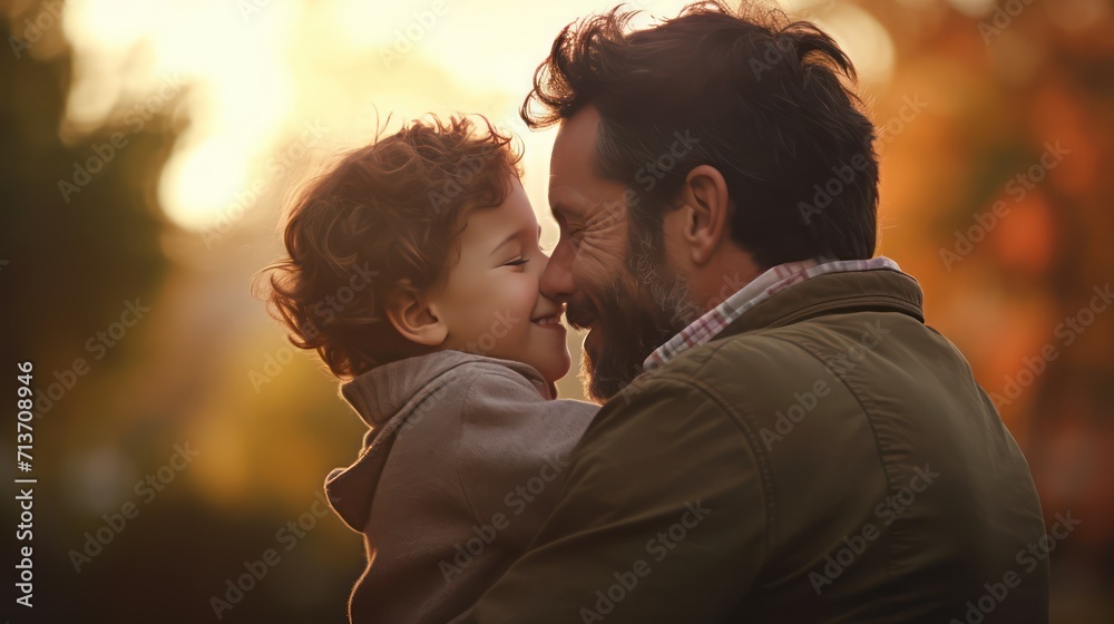 Father, bonding kiss and boy child hug happy in nature with quality ...