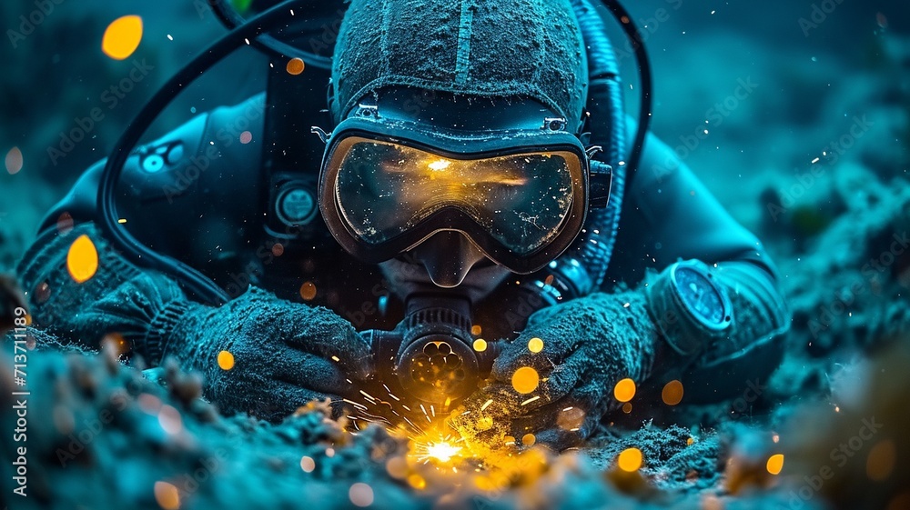 an underwater diver worker wearing a Military watch and welding a tube ...