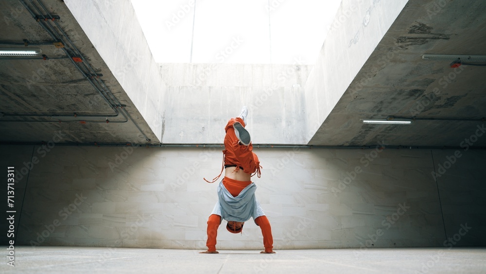 Happy dancing man enjoy practice break dance or freestyle dance in ...