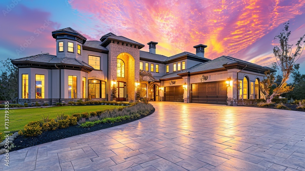 Stunning Luxury Home Exterior at Sunset with Colorful Sky and Expansive ...