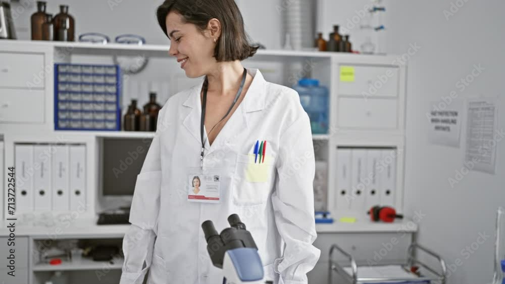Smiling young hispanic woman scientist exudes confidence as she stands ...